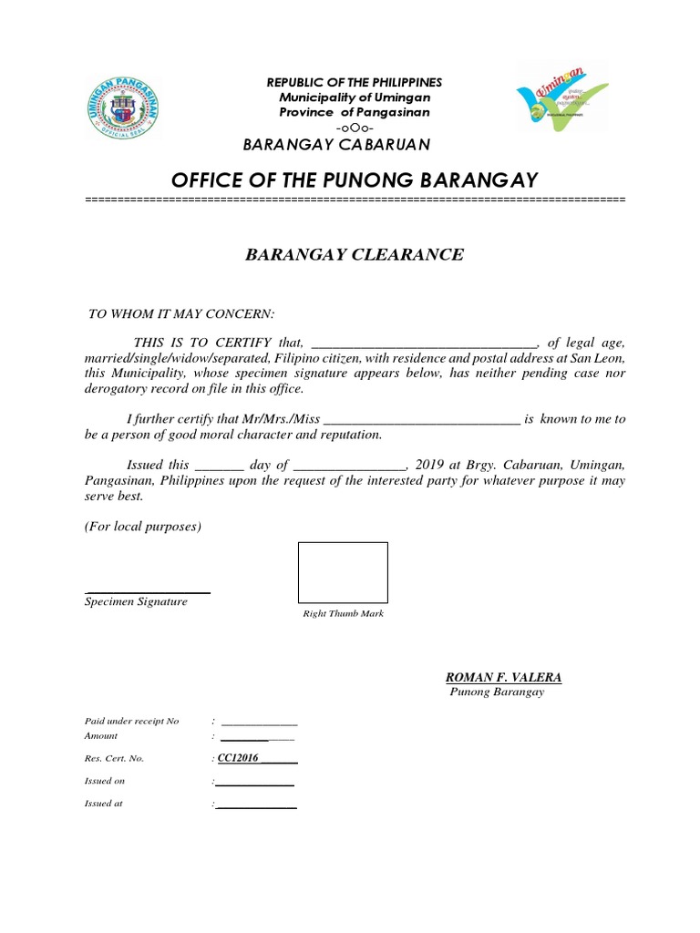 Barangay Clearance Certificate for [Name] of San Leon, Umingan, Pangasinan | PDF