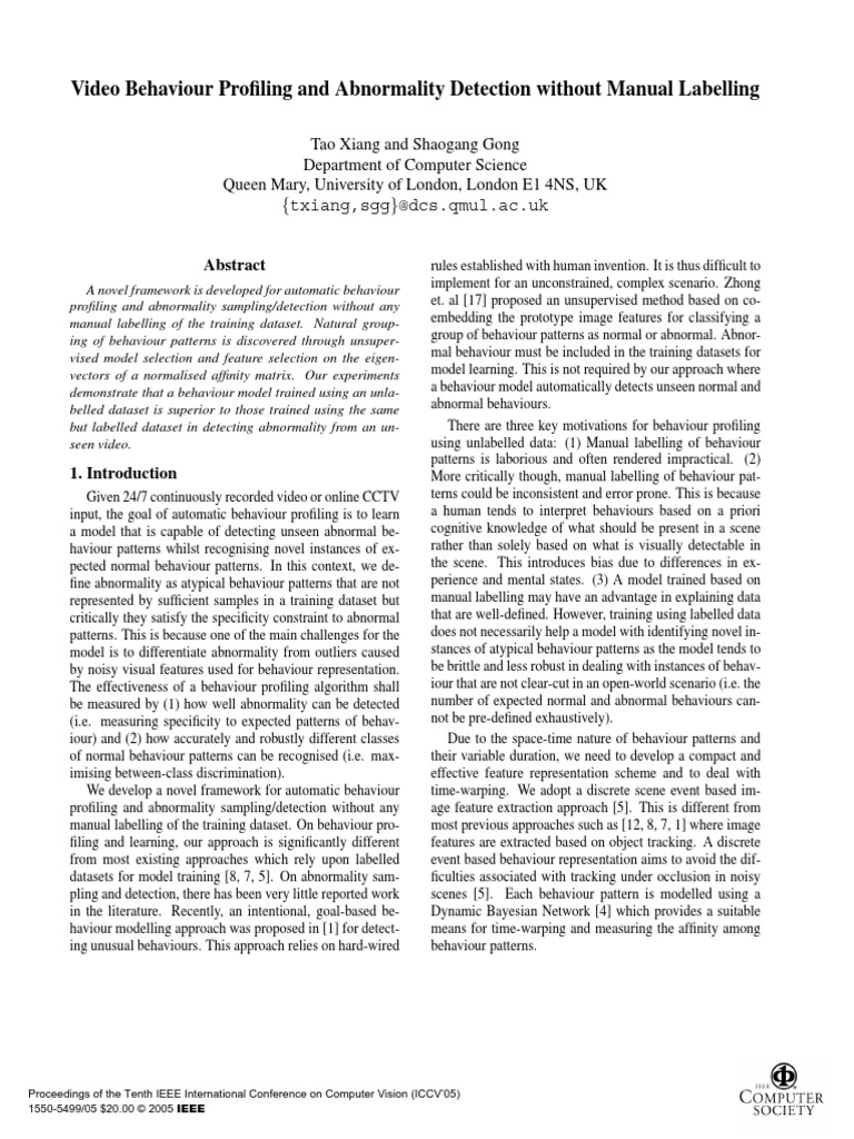 Video Behaviour Profiling and Abnormality Detection Without Manual Labelling | PDF | Eigenvalues ...