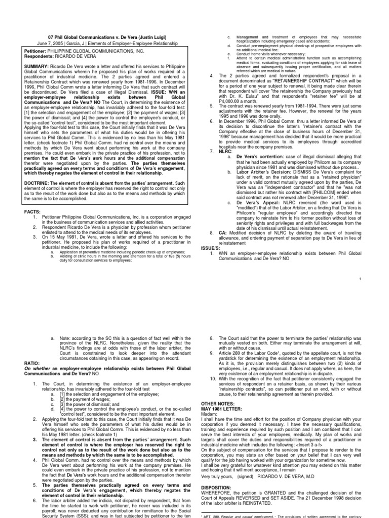 Phil Global Comm v. De Vera: No Employment | PDF | Employment | Physician