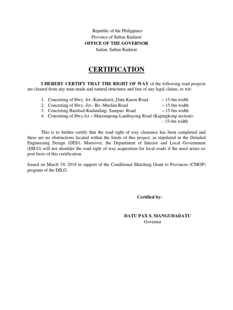 Road Right of Way Certification Philippines | PDF | Government ...