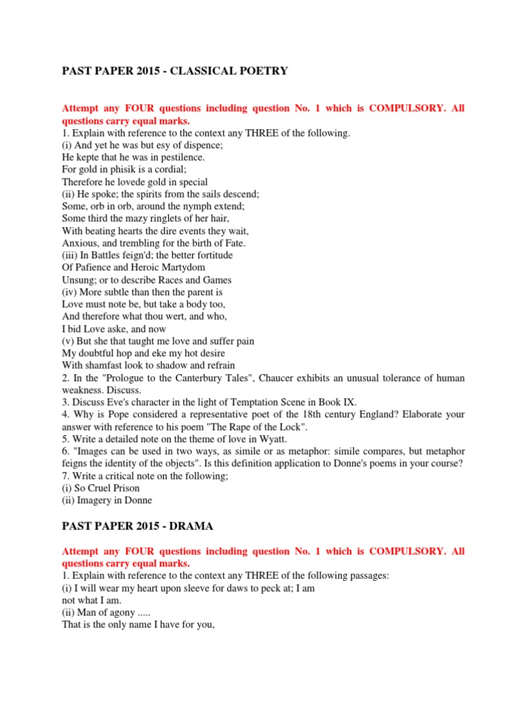 Past Paper 2015 - Classical Poetry | PDF | Othello | Poetry