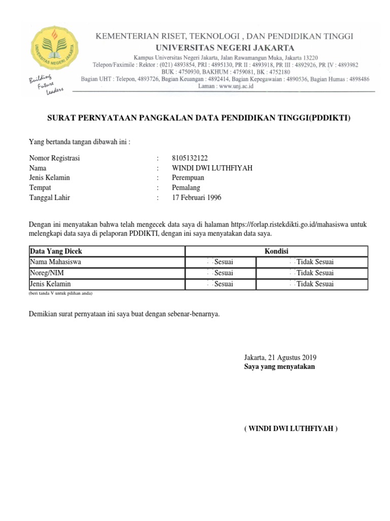 Surat Pernyataan PDDIKTI 8105132122 | PDF