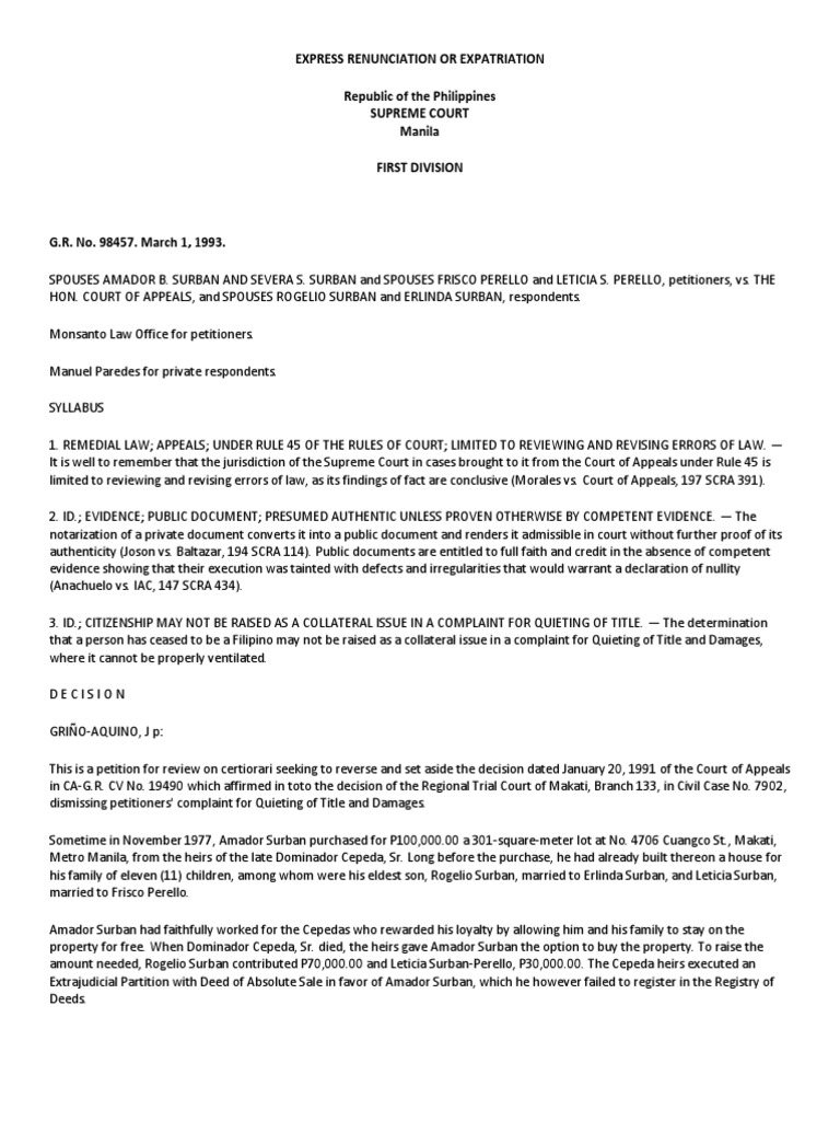 Express Renunciation or Expatriation | PDF | Naturalization | Appellate ...