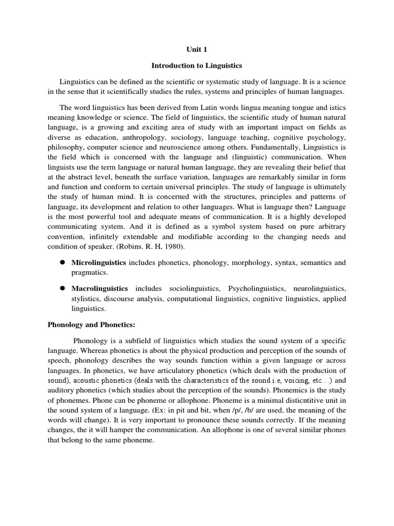 Intro To Linguistics | PDF | Linguistics | Phonology