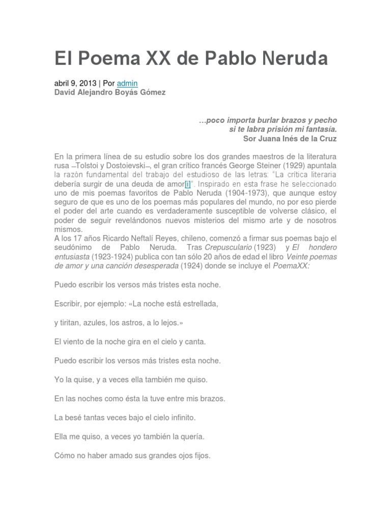 El Poema XX de Pablo Neruda | PDF | Poesía | Rima