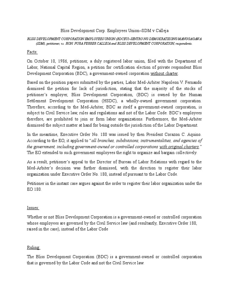 29 Bliss Development Corp Vs Calleja | PDF | Corporations | Trade Union
