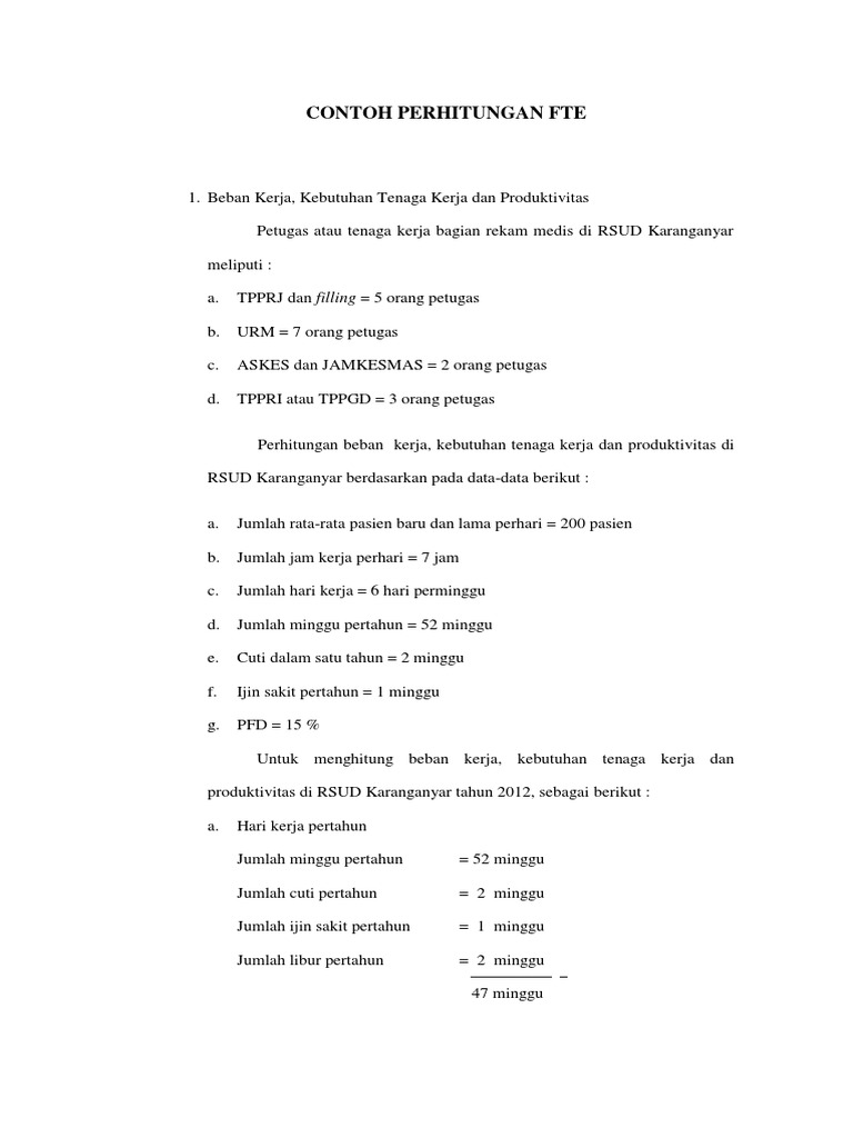 Contoh Perhitungan FTE Karyawan RSUD | PDF | Metode & Bahan Ajar