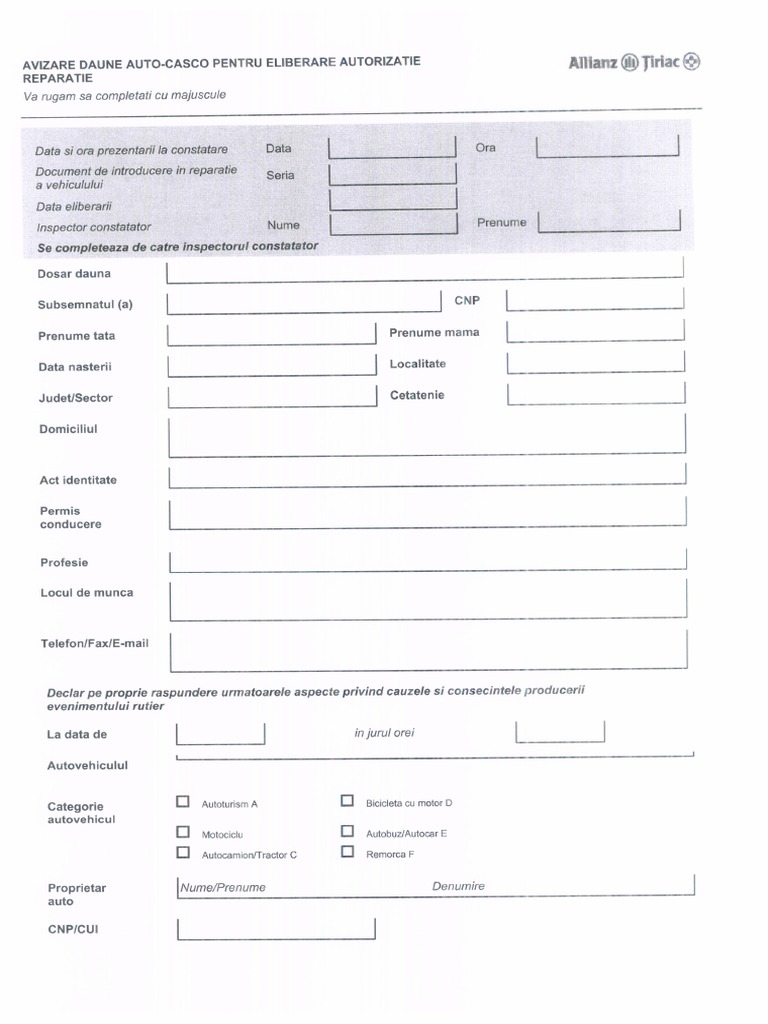 Formular Avizare Dauna Fara Acte Politie PDF | PDF