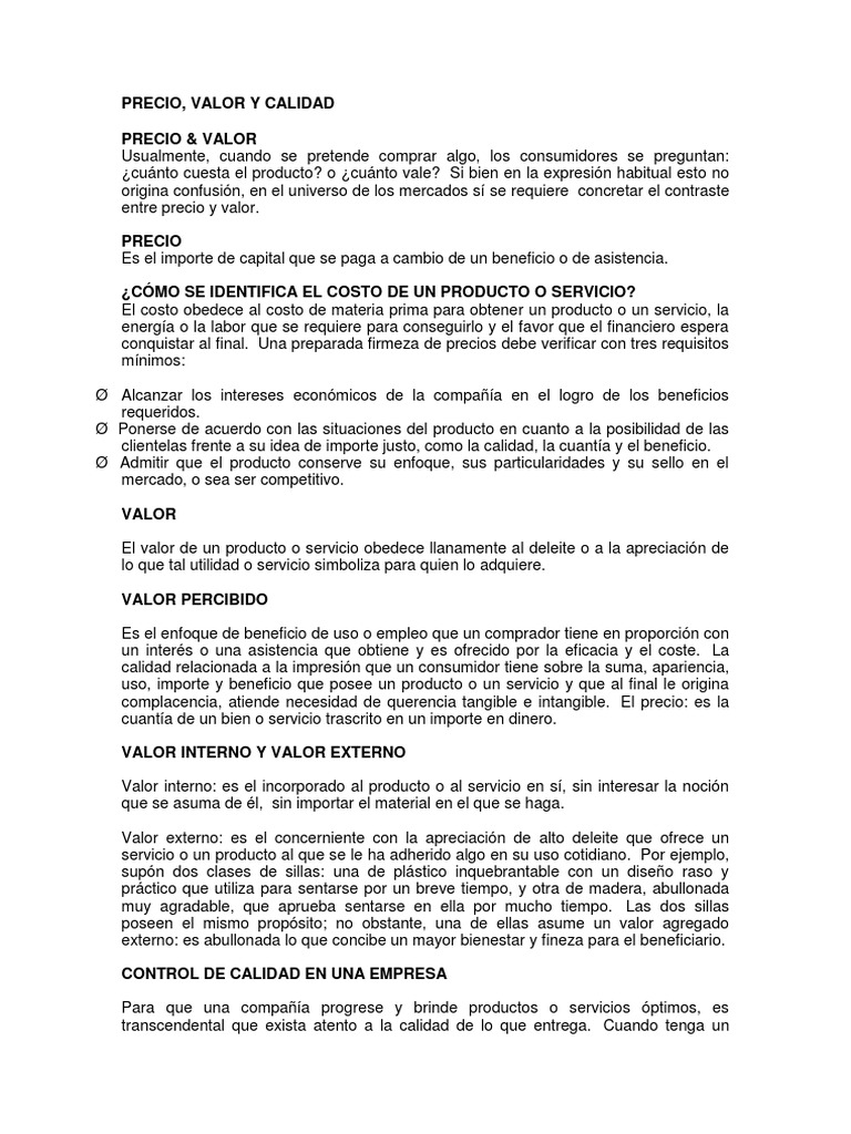 Precio, Valor y Calidad | PDF | Producto (Negocio) | Precios