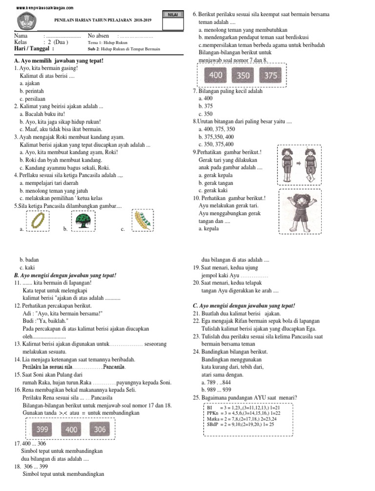 Soal Lat Uts Tematik Kelas 2 Tema 1 Subtema 2 Semester 1 | PDF
