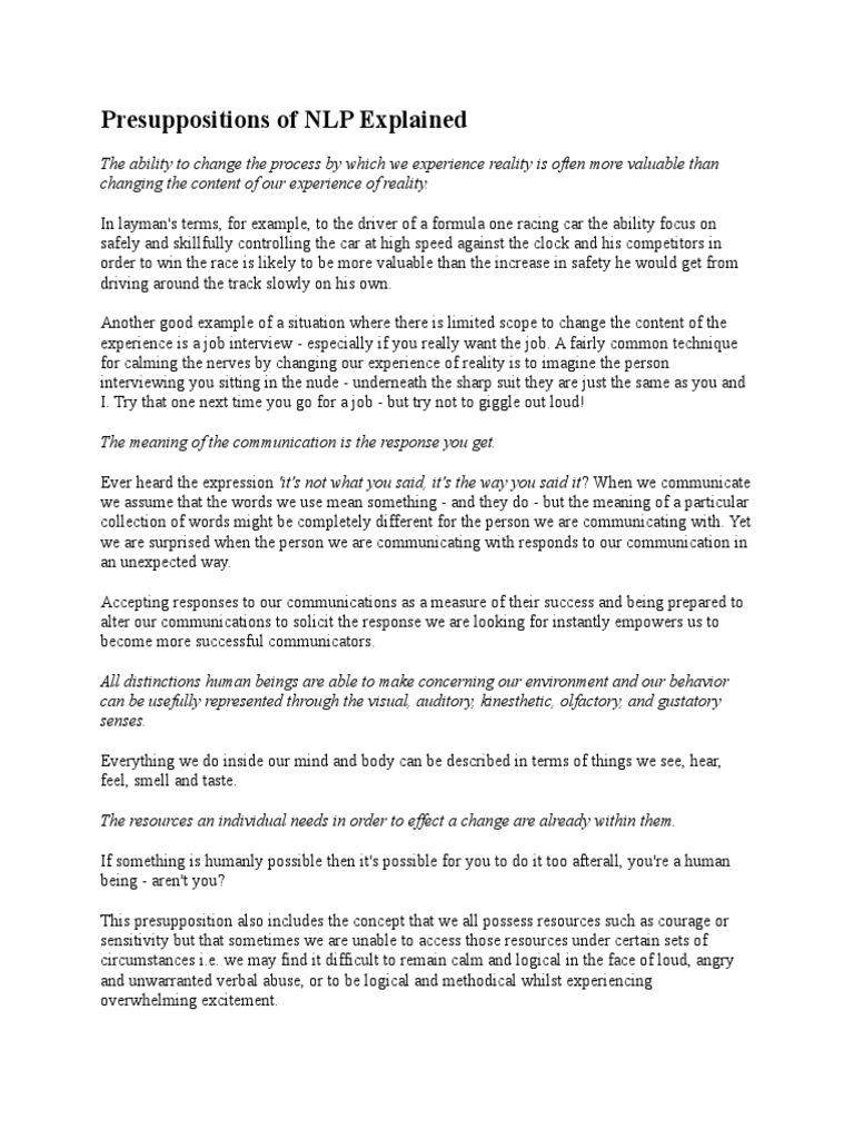 Presuppositions of NLP Explained | PDF | Senses | Perception