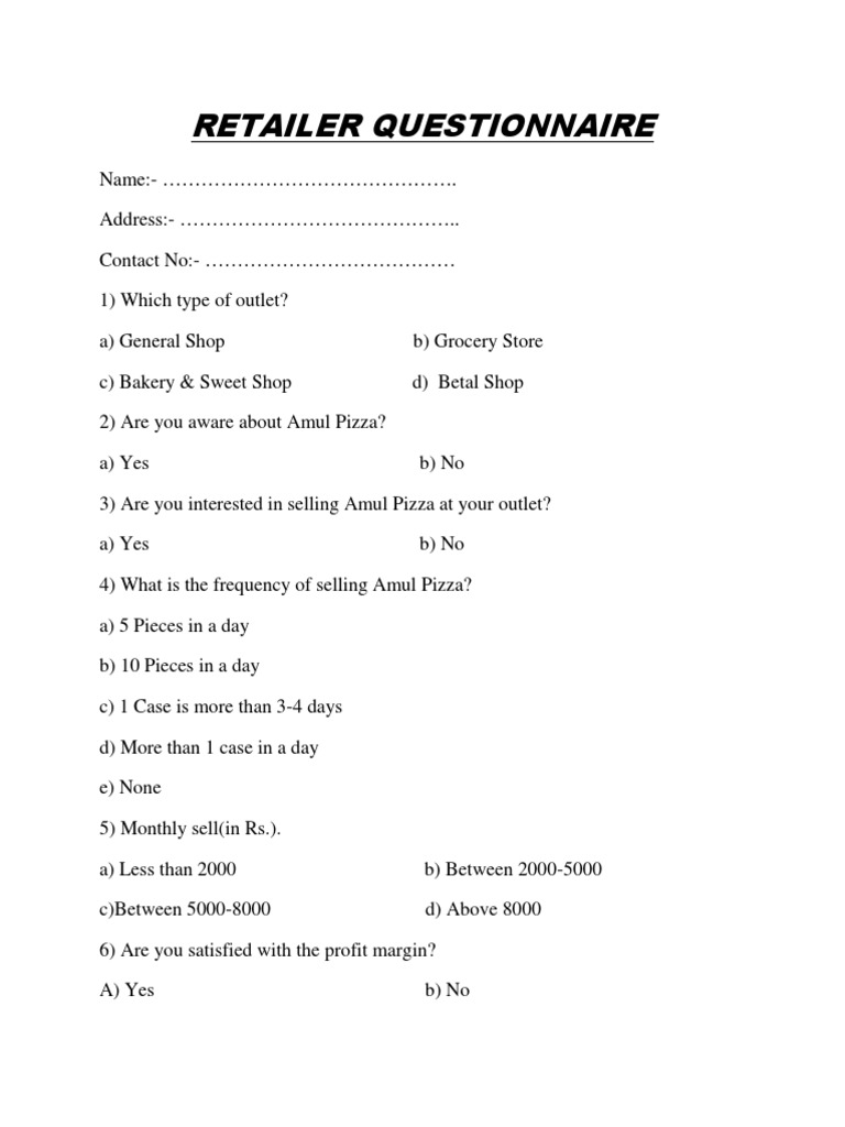 Retailer Questionnaire | PDF | Business | Cooking, Food & Wine