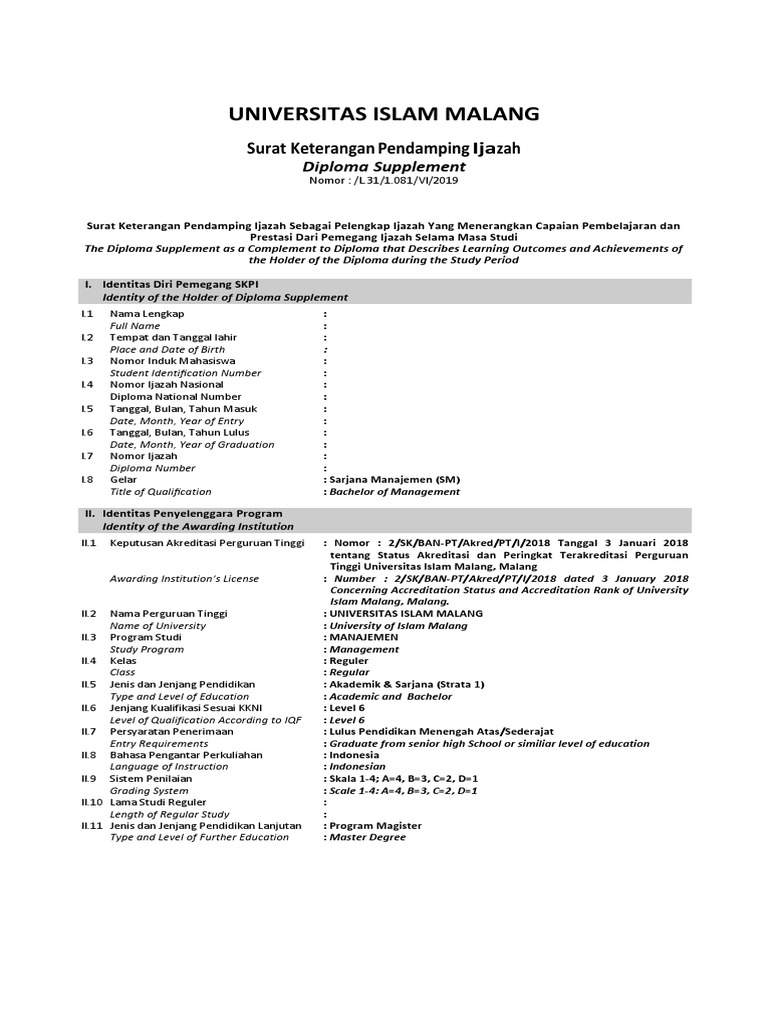 Contoh SKPI dan Ijazah Manajemen | PDF