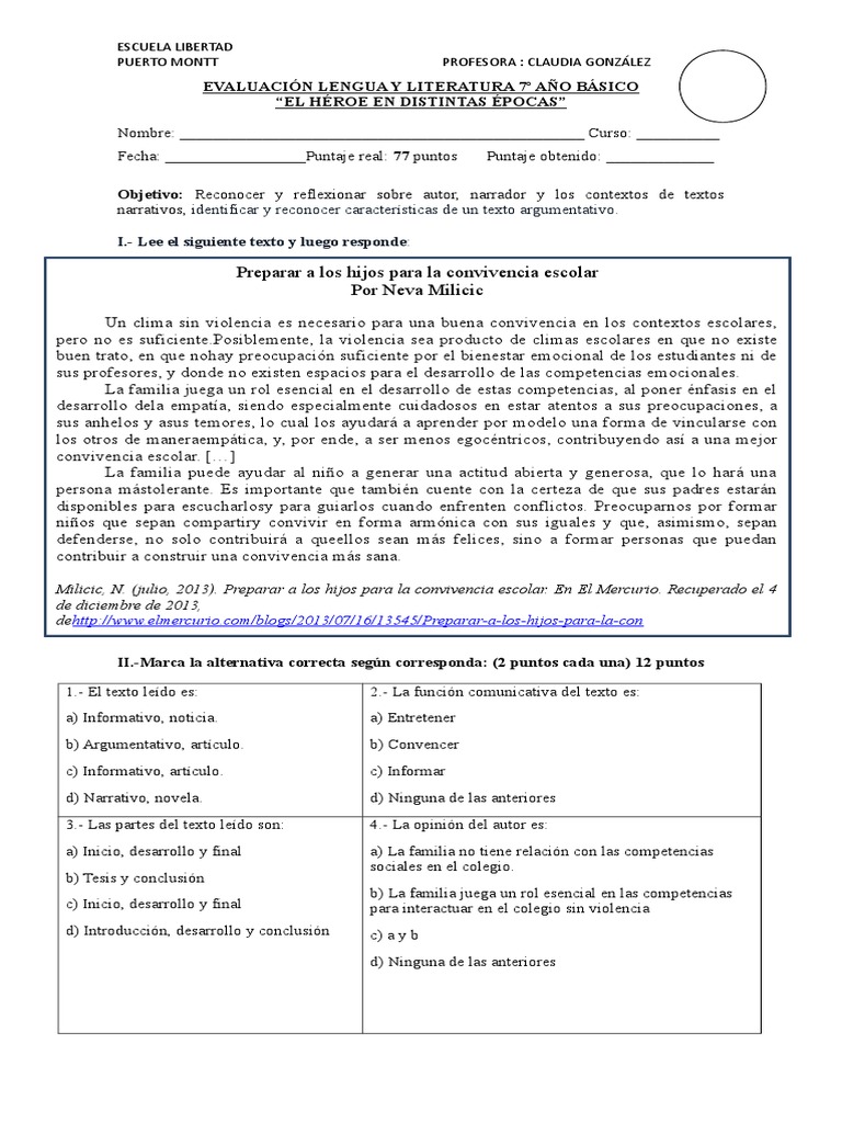 Evaluación de Lengua y Literatura 7º Básico | PDF | Narración | Narrativa