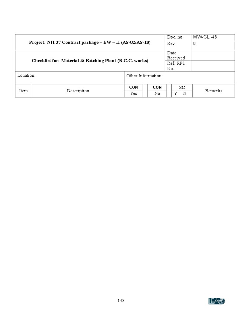 Checklist Material & Batching Plant (RCC Works) - CL-48 | PDF