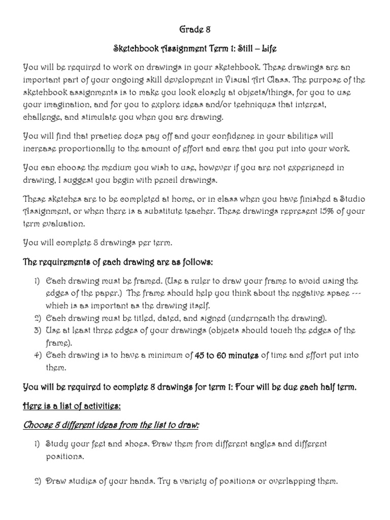 Grade 8 Sketchbook Assignment Term 1 | PDF | Drawing | Art Media