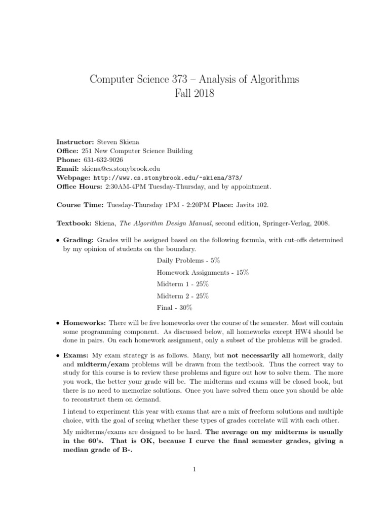 Computer Science 373 - Analysis of Algorithms Fall 2018 | PDF | Homework | Combinatorial ...