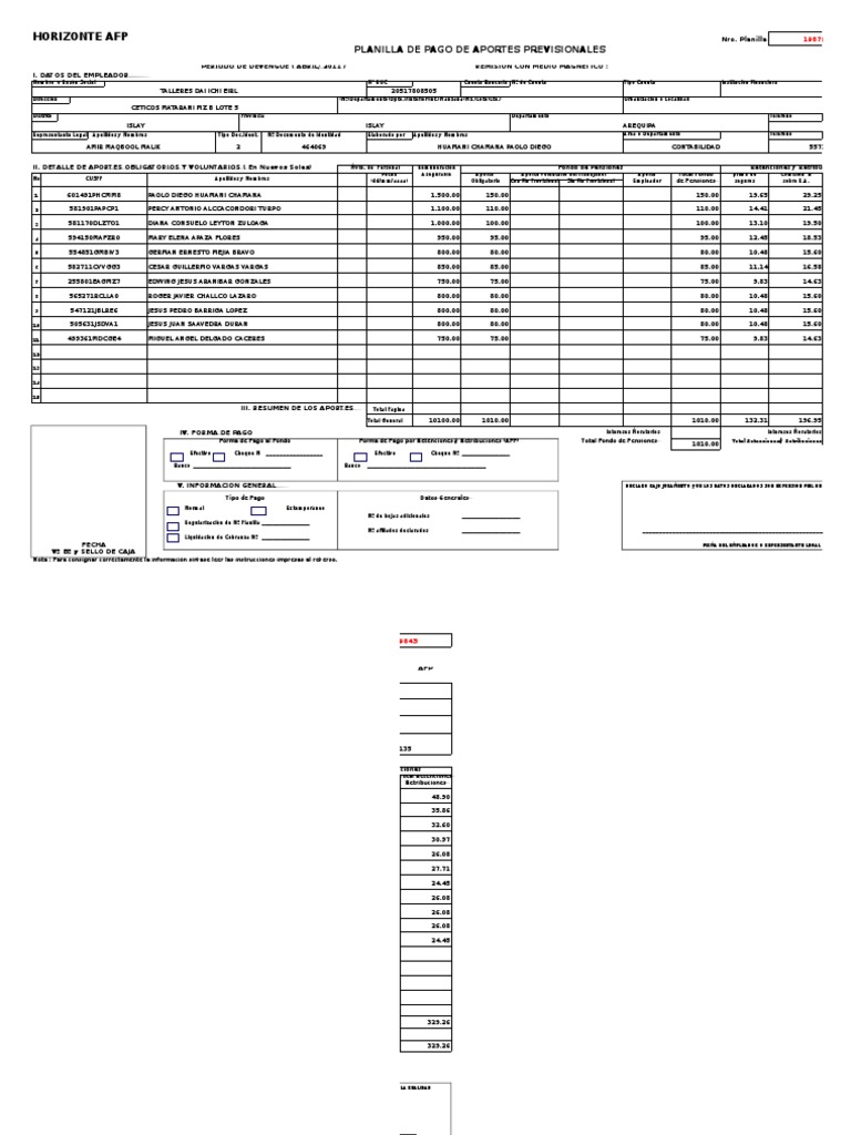 Planilla de Afp Horizonte | PDF | Beneficios para empleados | Chile