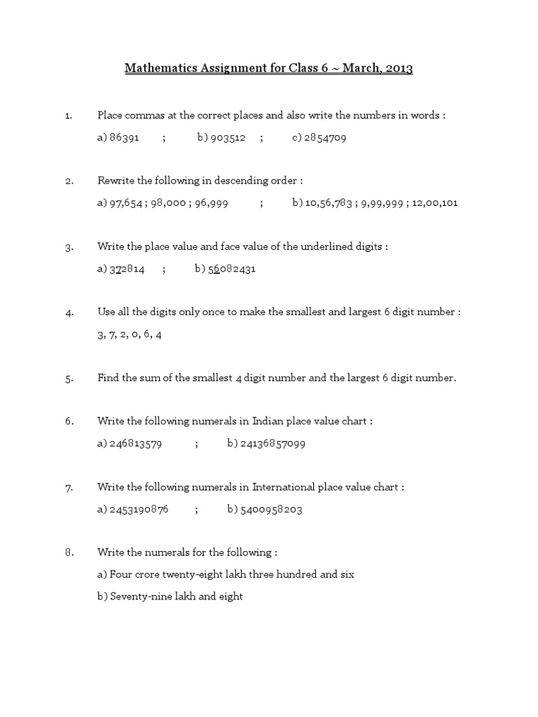 Mathematics Assignment for Class 6