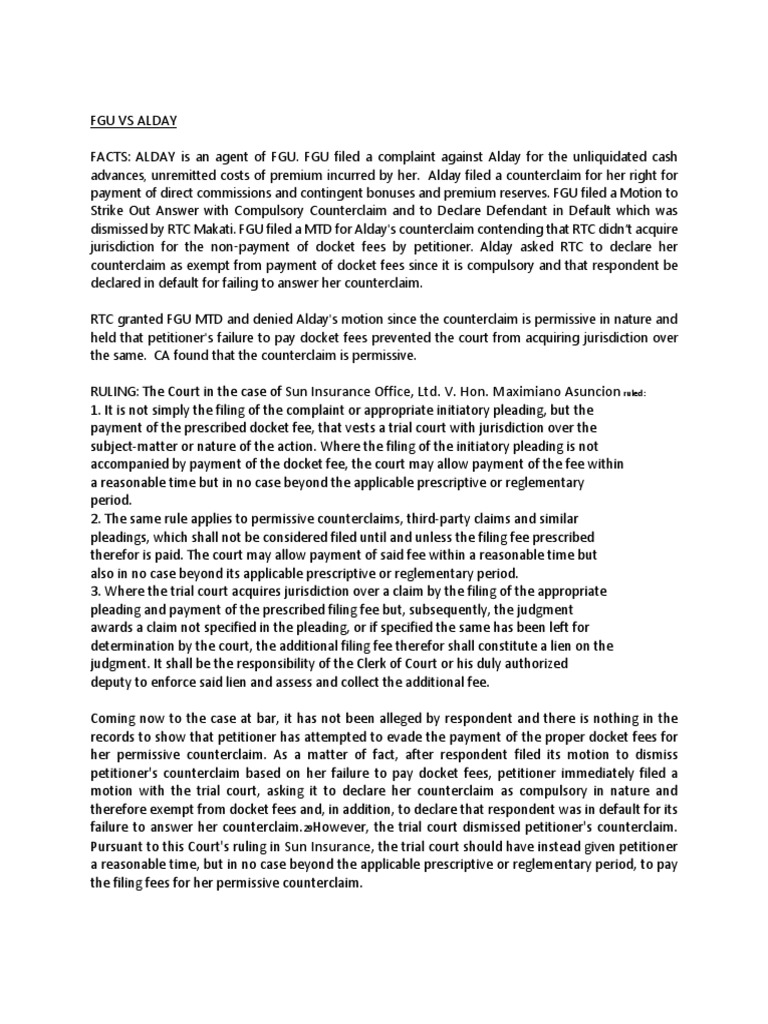 Sun Insurance Office, Ltd. V. Hon. Maximiano Asuncion: Ruled | PDF ...