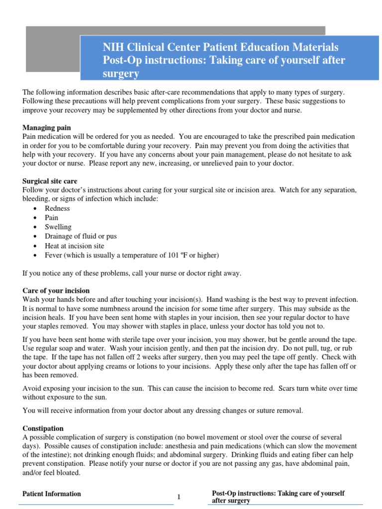 NIH Clinical Center Patient Education Materials Post-Op Instructions ...