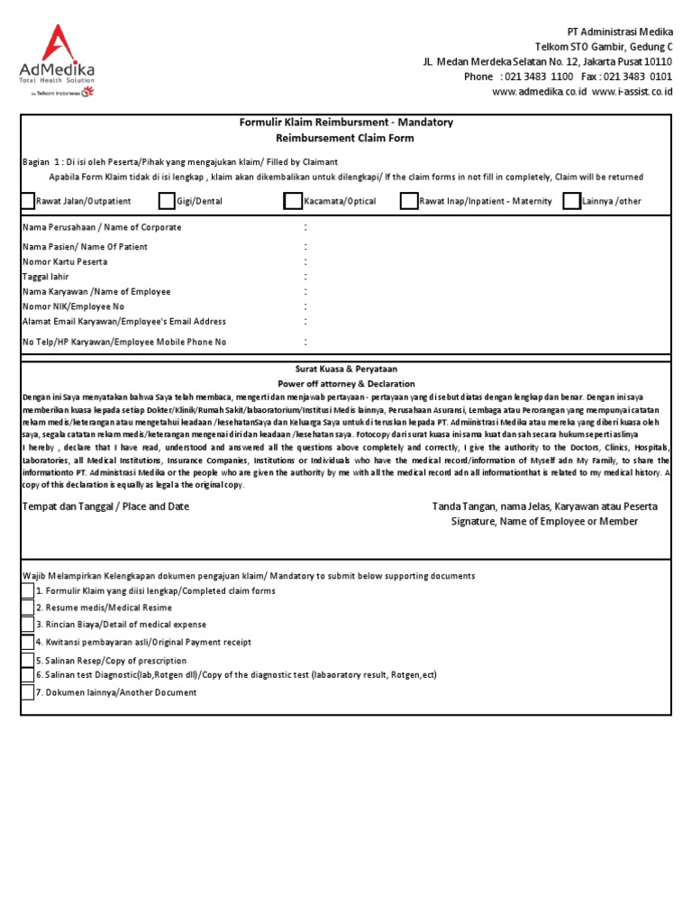 Form Claims Reimbursment Admedika - 20182201191325 | PDF