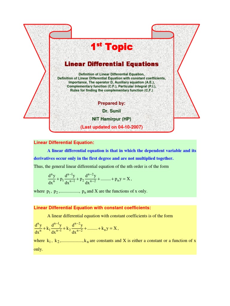 Linear Differential Equations: Definitions, Rules for Finding ...