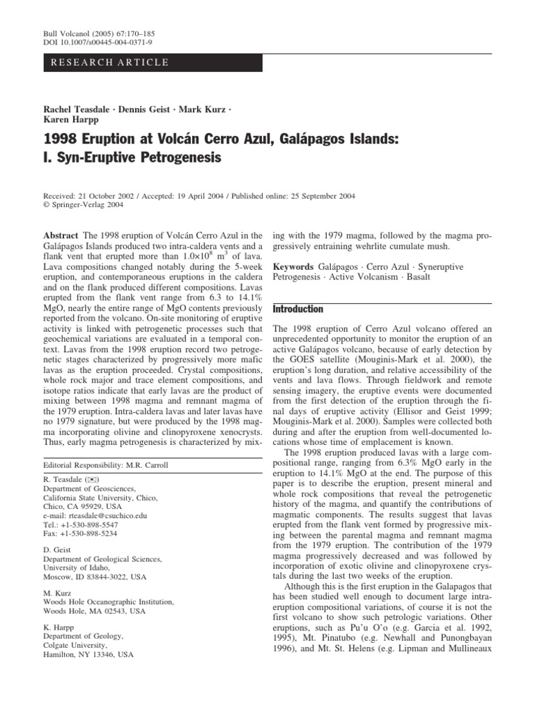 1998 Eruption at Volcn Cerro Azul, Galpagos Islands: I. Syn-Eruptive ...