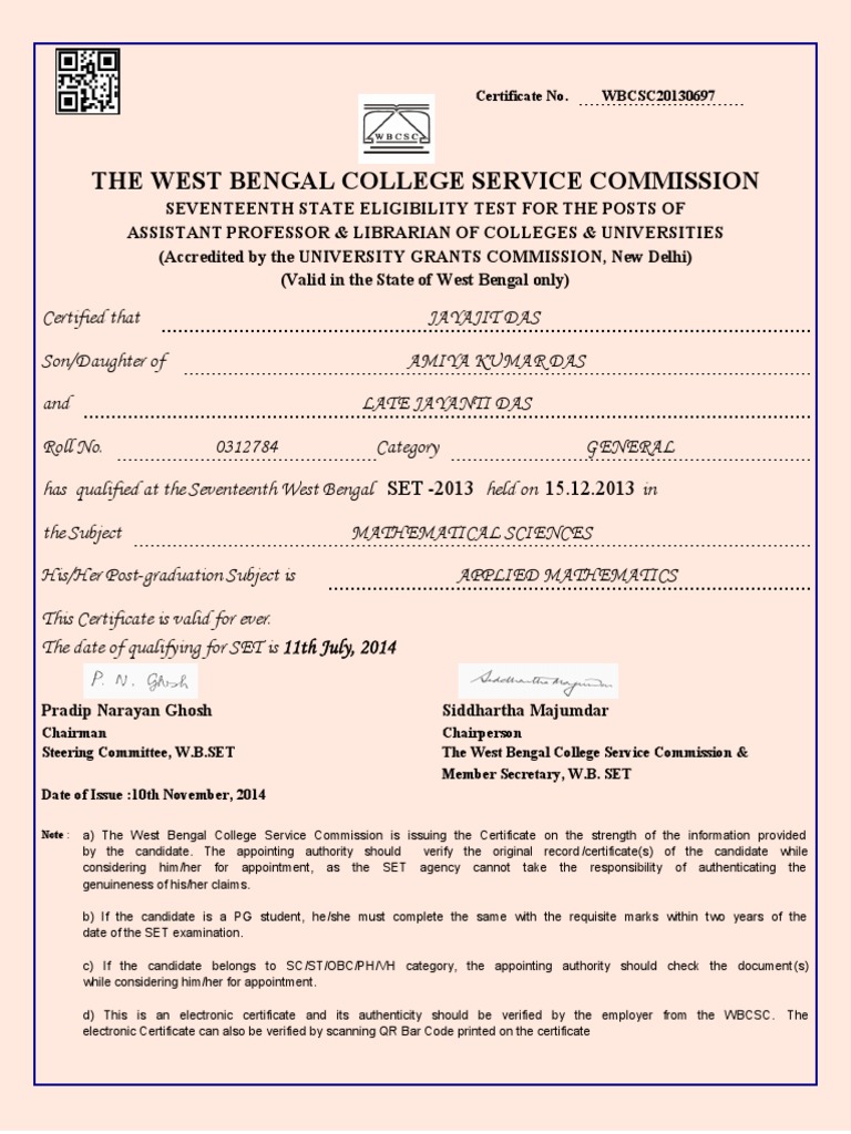 The West Bengal College Service Commission: Certificate No ...