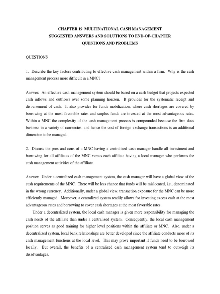Chapter 19 Multinational Cash Management Suggested Answers and ...