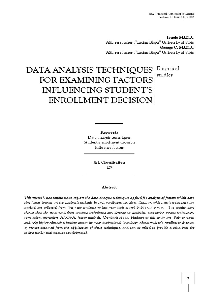 Data Analysis Techniques For Examining Factors Influencing Student'S ...