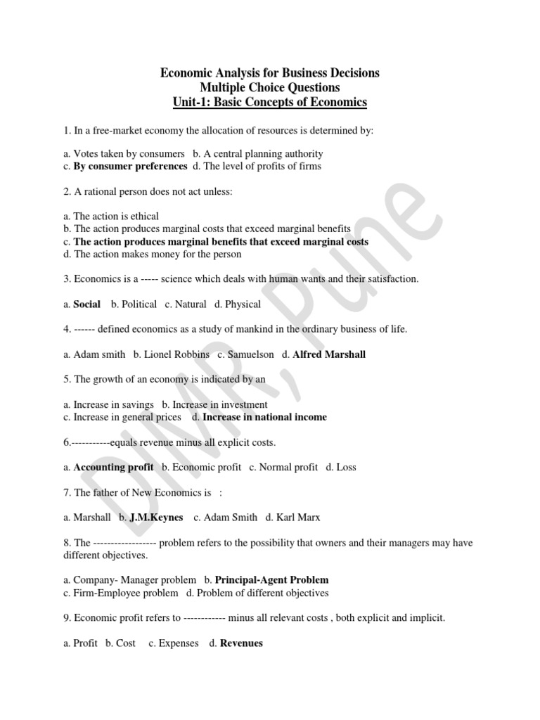 Economic Analysis For Business Decisions Multiple Choice Questions Unit ...