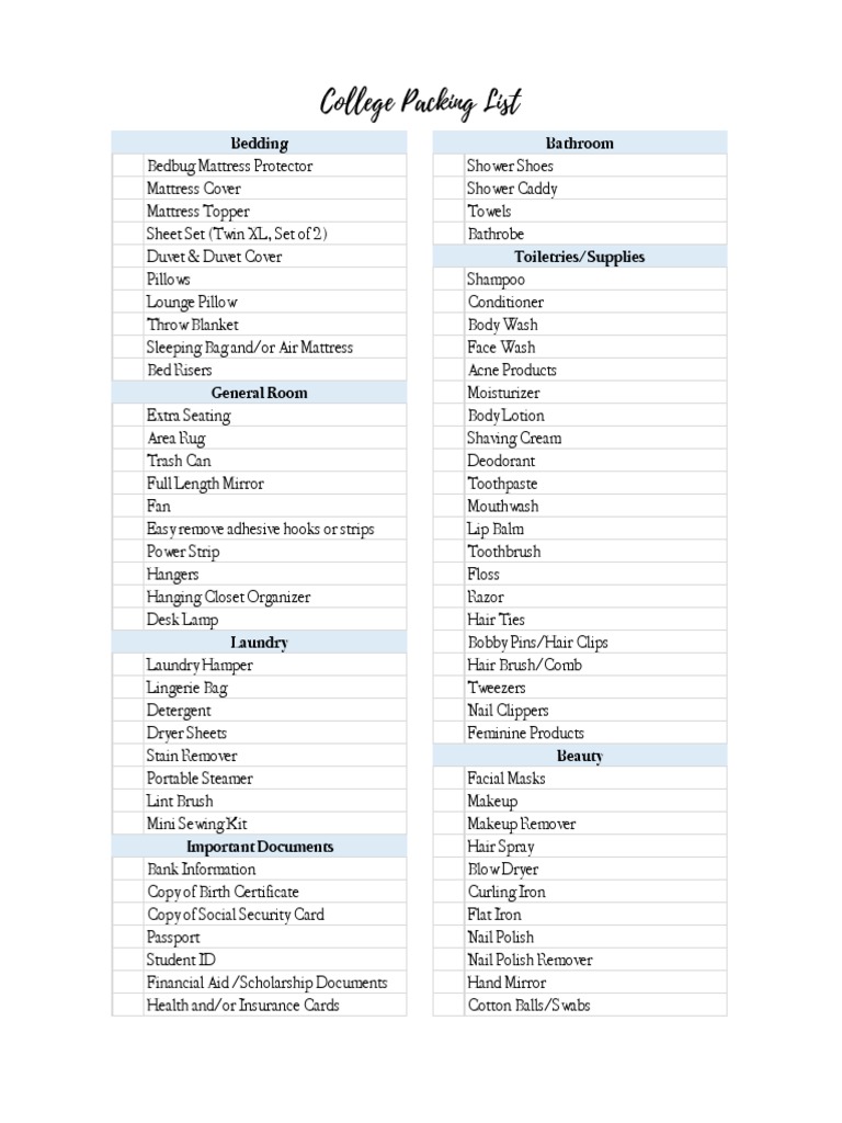 College Packing List | PDF | Sweater | Clothing