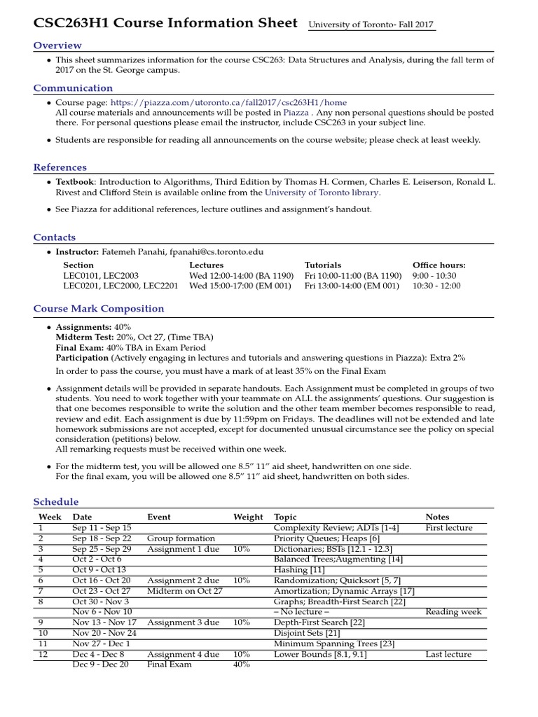 CSC263 Course Info Sheet | PDF | Computational Complexity Theory | Homework