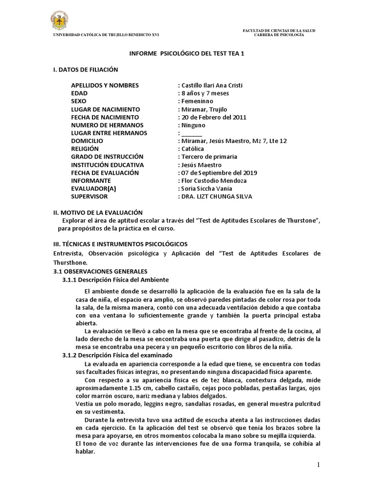 Ejemplo de Informe de TEA 1 | PDF | Cociente de inteligencia | Sicología