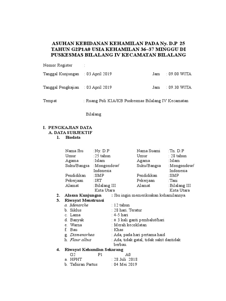 Asuhan Kebidanan Kehamilan Pada Ny. D.P 25 Tahun G2P1A0 Usia Kehamilan ...