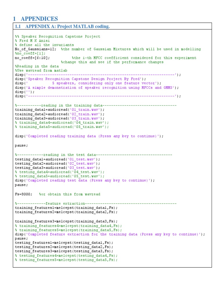 1 Appendices: 1.1 APPENDIX A: Project MATLAB Coding | PDF | Cybernetics | Machine Learning