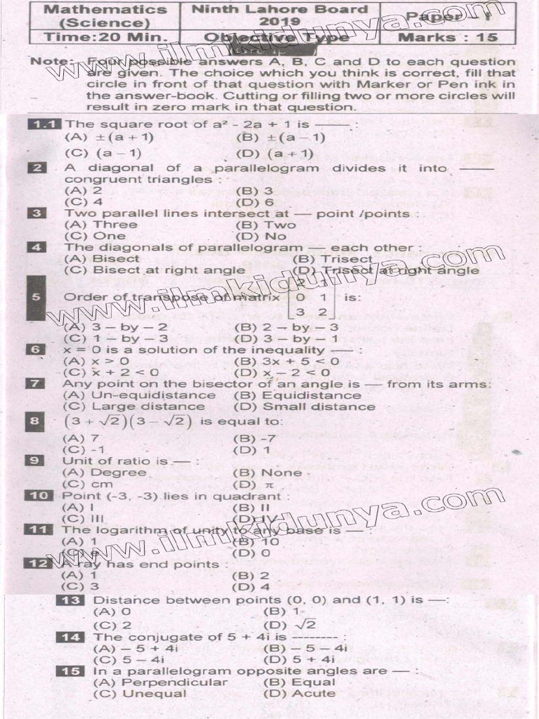 Past Papers 2019 Lahore Board 9th Class Mathematics Science Group I ...