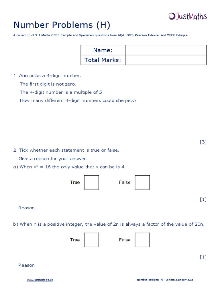 Number H Number Problems v2 | PDF | Qualifications | Test (Assessment)