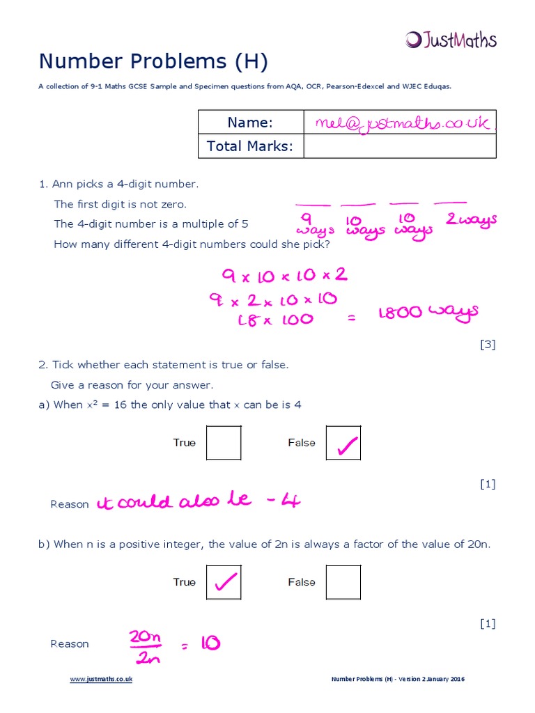 Number H Number Problems v2 Solutions | Test (Assessment) | Student ...