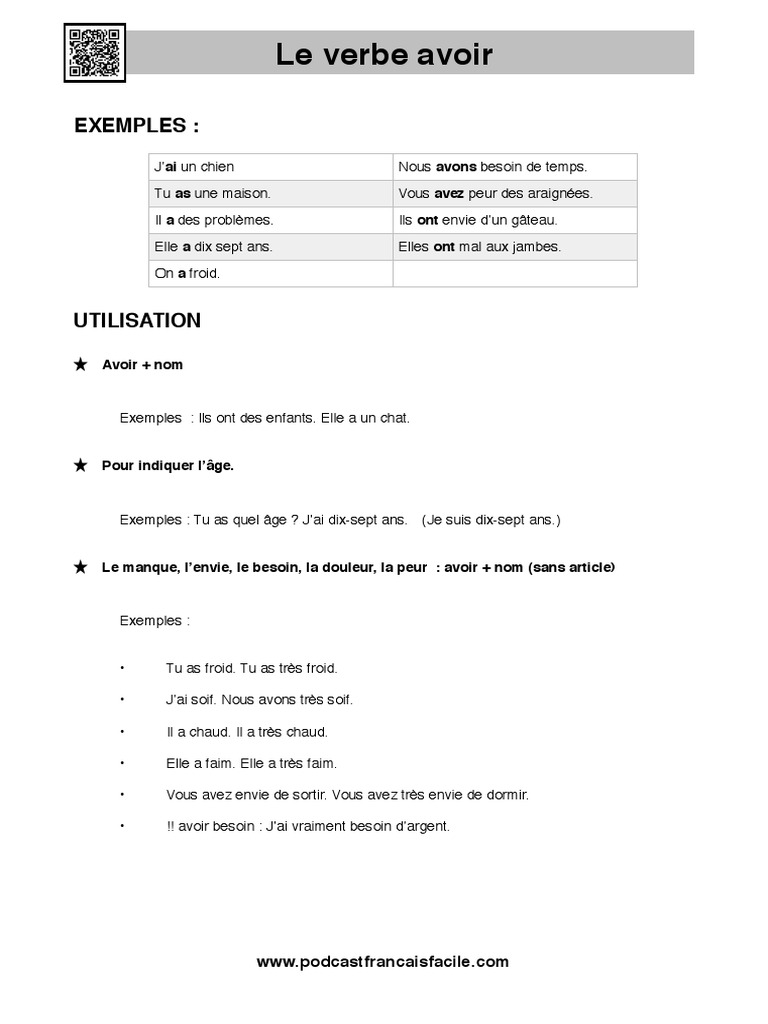 Utilisation du verbe "avoir" en français | PDF | Arts du langage et ...
