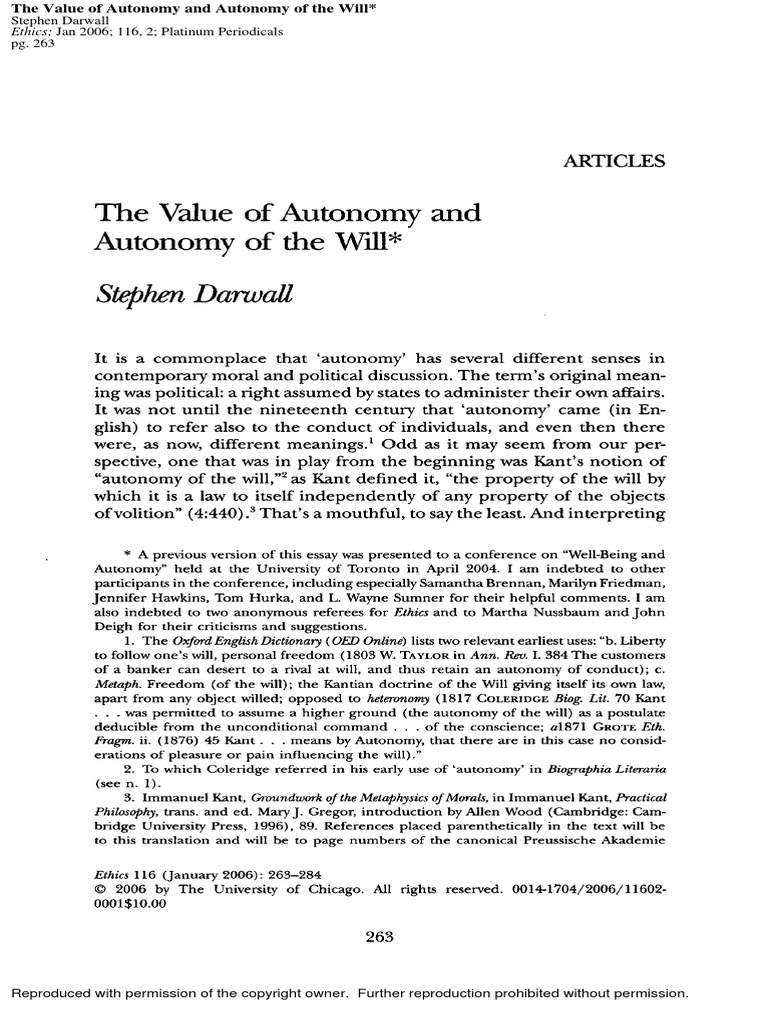 DARWALL (The Value of Autonomy and Autonomy of The Will) | PDF ...
