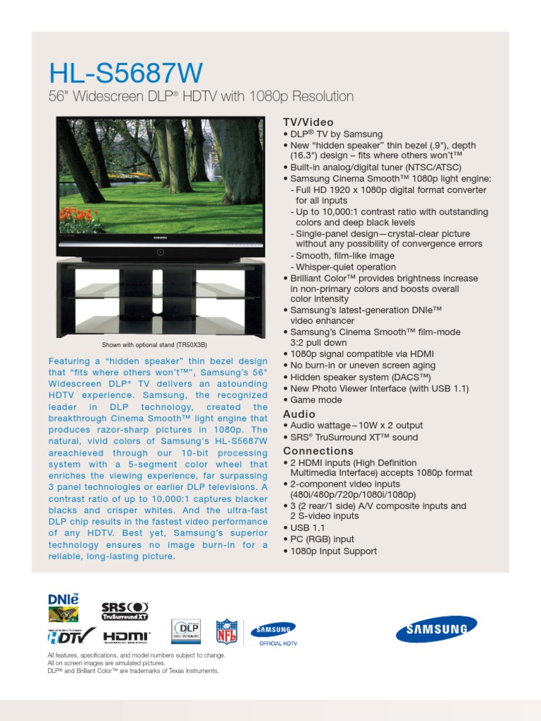 HL-S5687W: 56" Widescreen DLP HDTV With 1080p Resolution | PDF | High ...