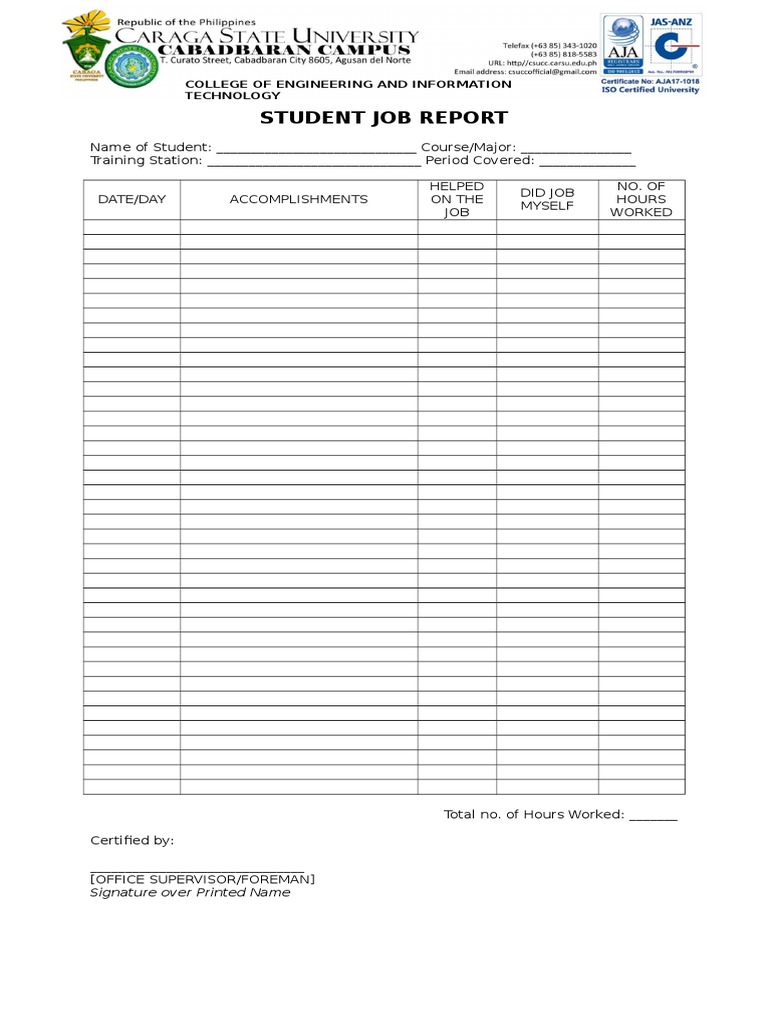 Student OJT Job Report Template | PDF
