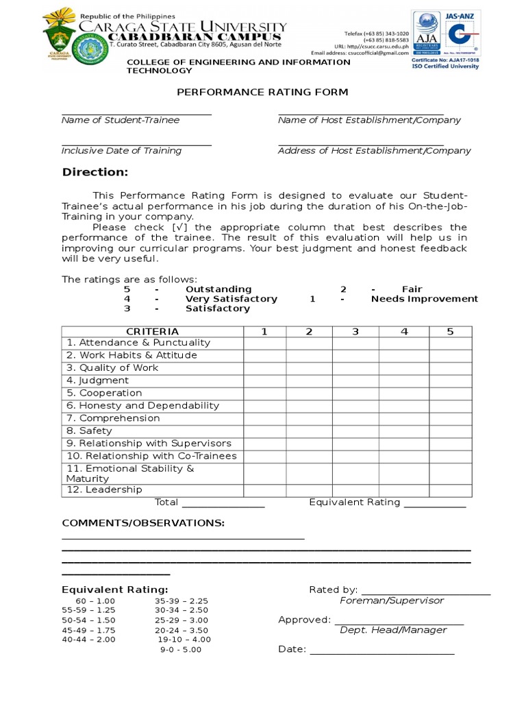 Direction:: Performance Rating Form | PDF