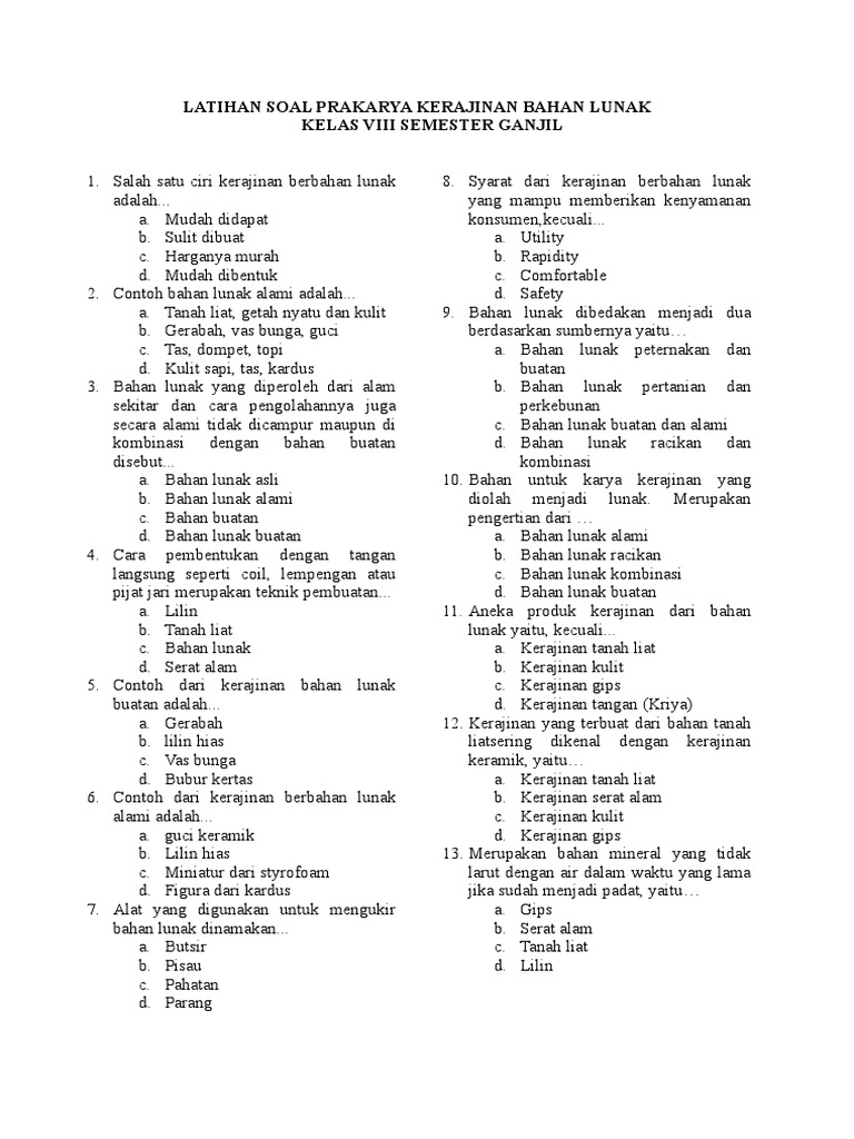 Latihan Soal Prakarya Kerajinan Bahan Lunak | PDF | Seni