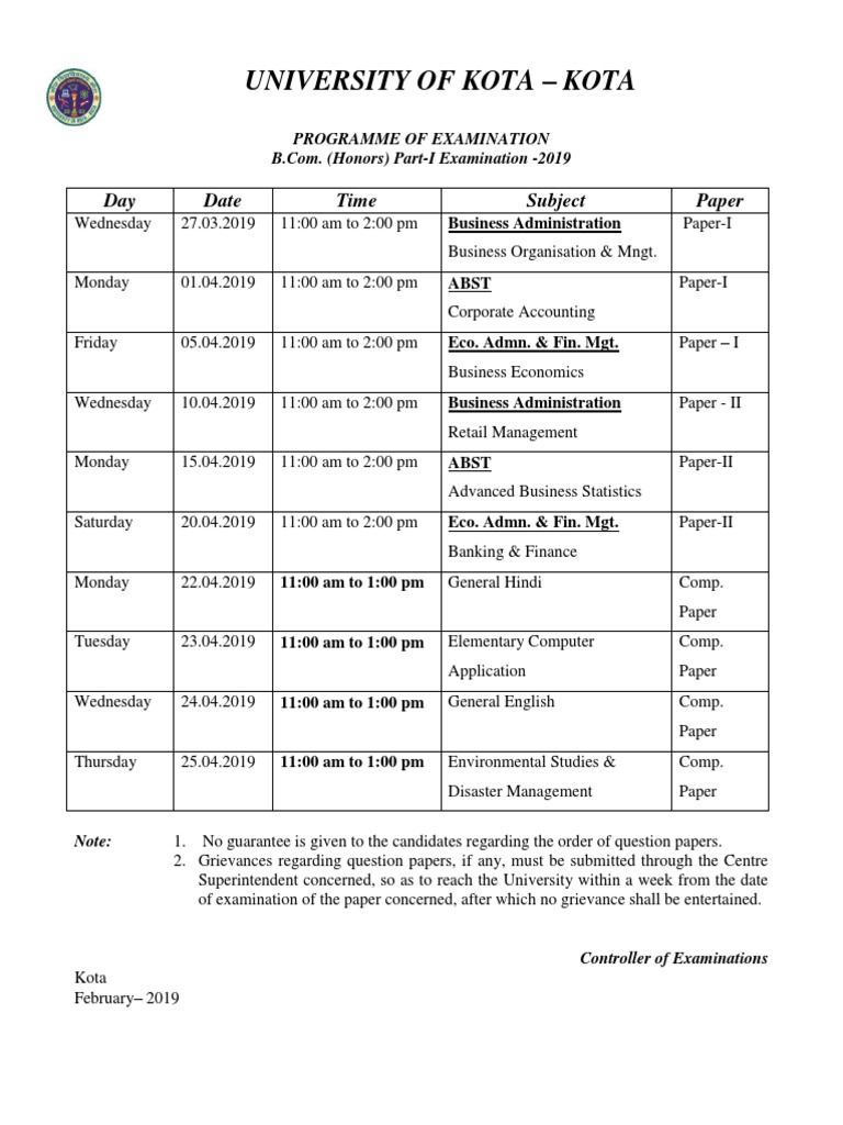 1332 - B.com Honors Pt-I - II & III Time-Table-2019 | PDF | Accounting | Business