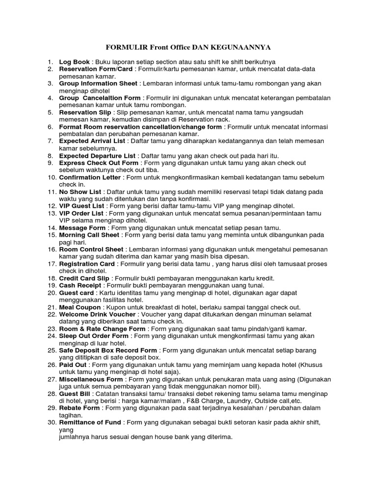 FORMULIR Front Office DAN KEGUNAANNYA | PDF