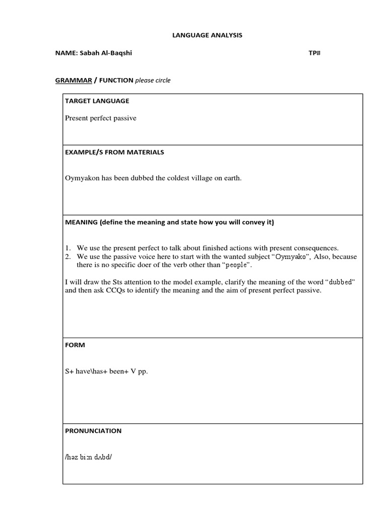 Language Analysis NAME: Sabah Al-Baqshi TP#: Please Circle | PDF ...
