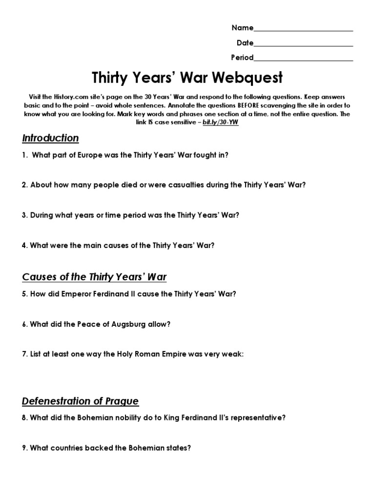 30 Years War Webquest | PDF | Early Modern Period | Warfare Of The ...
